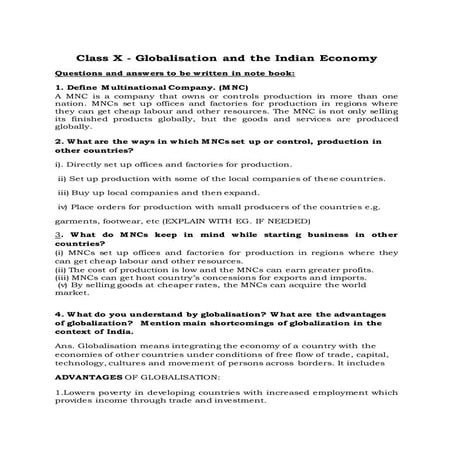 Globalisation and the indian economy-- class x | DOCX