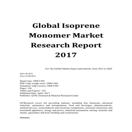 Global isoprene monomer market research report 2017 sample | PDF