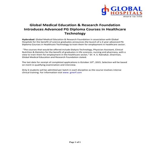 Global Medical Education & Research Foundation Introduces Advanced PG ...