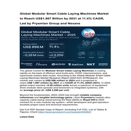 Global Modular Smart Cable Laying Machines Market to Reach US$1.907 ...