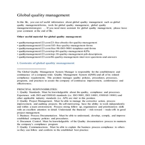 Global quality management | DOCX | Business Administration | Business