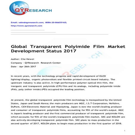 Global transparent polyimide film market development status 2017 | DOCX
