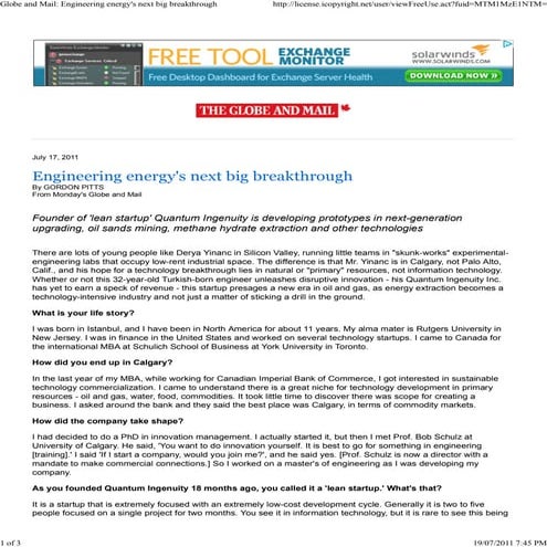 Globe And Mail Engineering Energys Next Big Breakthrough | PDF