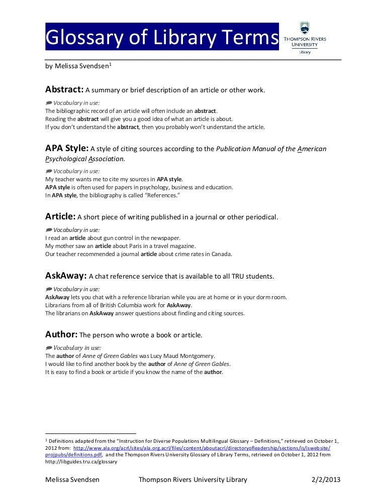 Glossary of Library Terms for ESAL Students