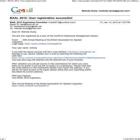 Gmail baal 2012 user registration successful | PDF