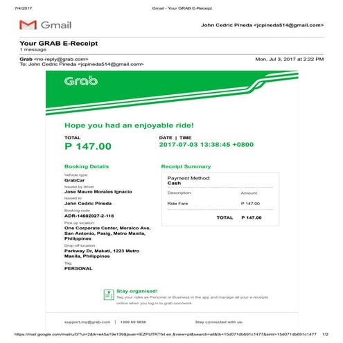 Gmail your grab e-receipt | PDF