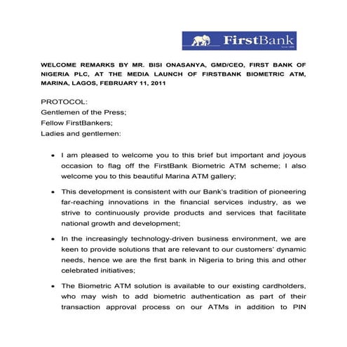 FirstBank Nigeria, GMD welcome speech to launch of biometrics atm | PDF