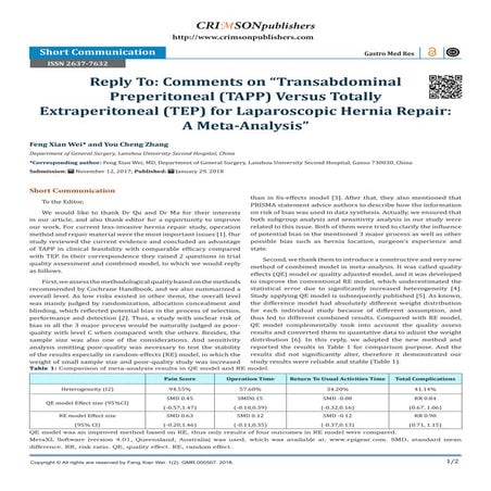 Crimson Publishers: Reply To: Comments on "Transabdominal Preperitoneal (TAPP) Versus Totally ...