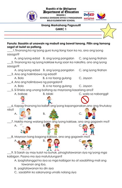GMRC 1 MATATAG Periodical test 2024-2025 | DOCX