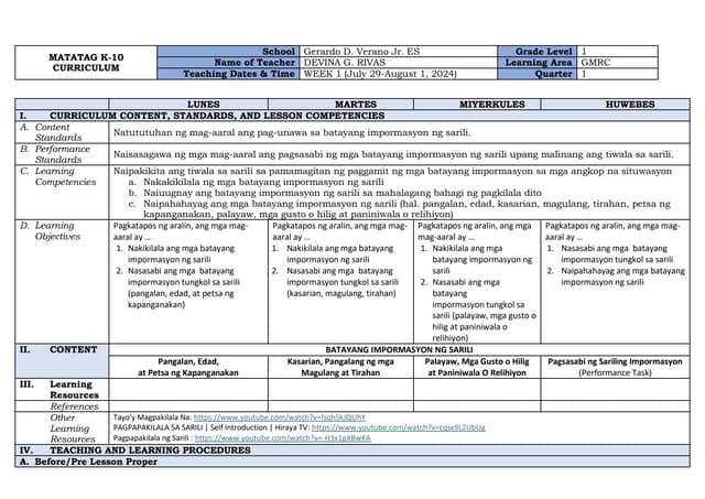 Detailed Lesson Plan in GMRC Grade 1 - MATATAG | DOCX