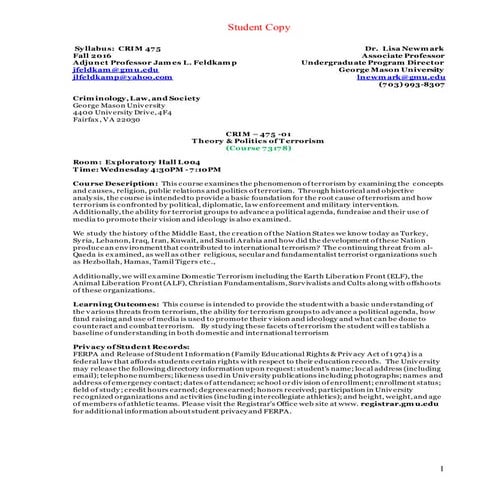 Gmu terrorism student syllabus fall 2016 wednesday | PDF