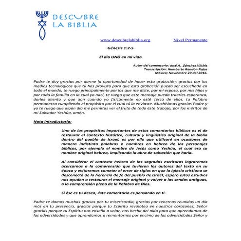 Génesis 1.2 5 el día uno en mi vida (nivel permanente) | PDF