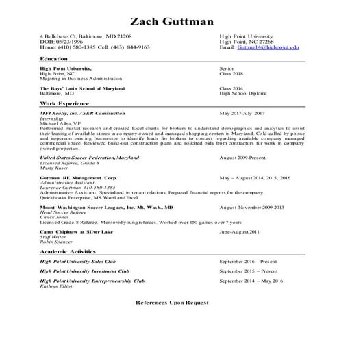 2017 08-12 zach 1 page job resume | DOCX | Business | Business and Finance