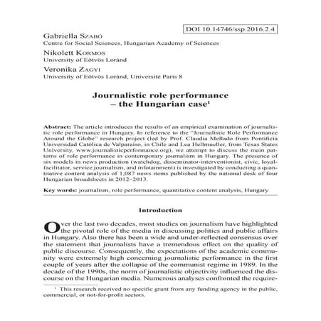 Journalistic role performance – the Hungarian case | PDF