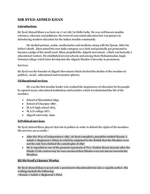 educational services of sir syed ahmed khan | DOCX