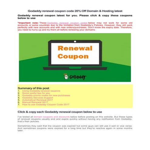 Godaddy Renewal Coupon - Up to 20% off Domain Name Renewal | PDF