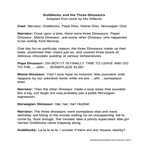 Goldilocks and the Three Dinosaurs Reader's Theater Script | DOCX