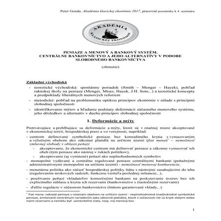 Peter Gonda: Peniaze a menový a bankový systém. Centrálne bankovníctvo a jeho alternatívy v ...