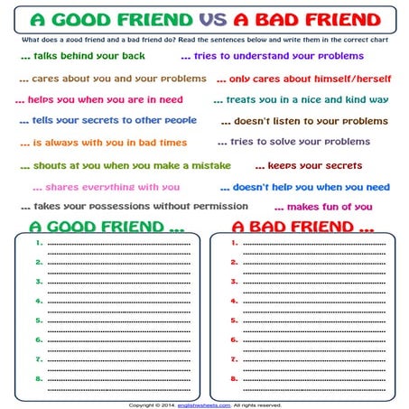 Good friend and bad friend categorizing exercise worksheet | PDF