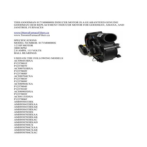 GOODMAN - REPLACEMENT DRAFT INDUCER BLOWER MOTOR - 0171M00000S | PDF