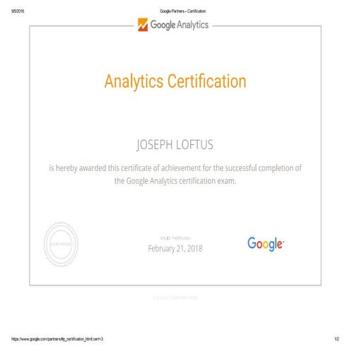 Joe Loftus, Google Analytics Certification | PPT