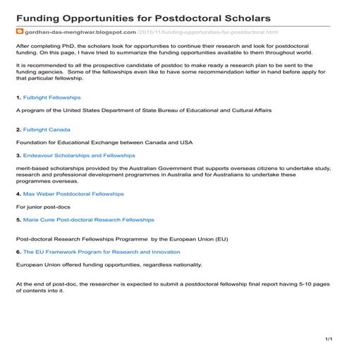 Funding Opportunities for Postdoctoral Scholars | PDF