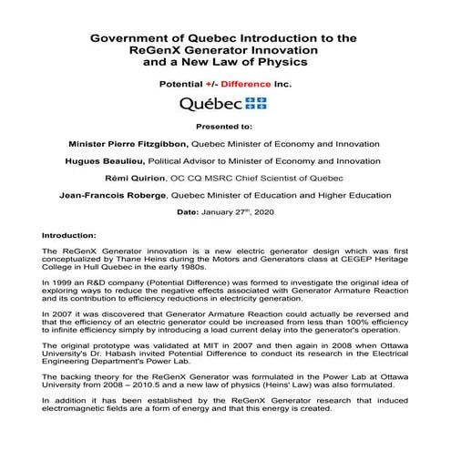 Government of Quebec Introduction to the ReGenX Generator and a New Law ...