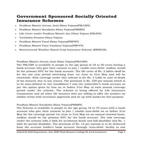 Government sponsored socially oriented insurance schemes | PDF