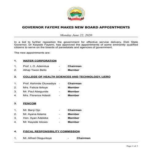 GOVERNOR FAYEMI MAKES NEW BOARD APPOINTMENTS | PDF
