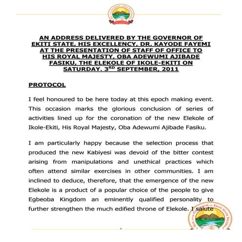 Governor fayemi's address at the presentation of staff of office to his ...