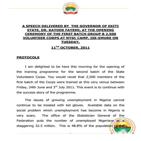 Governor fayemi's speech at the opening ceremony of the first batch ...