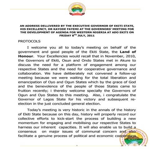 Governor kayode fayemi's speech at the governors’ meeting for the ...