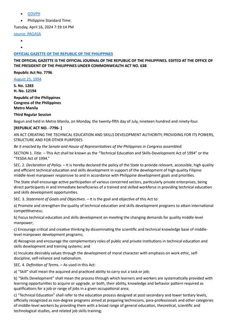 RA 7796: TESDA ACT OF 1994 | PPTX