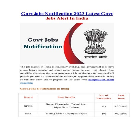 Govt Jobs Notification 2023 Latest Govt Jobs Alert In India | PPTX