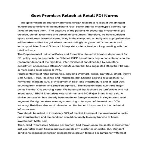 Govt promises relook at retail FDI norms | PDF