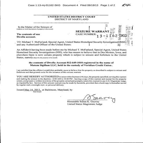 Mt Gox USDHS Dwolla account seizure warrant (executed) | PDF