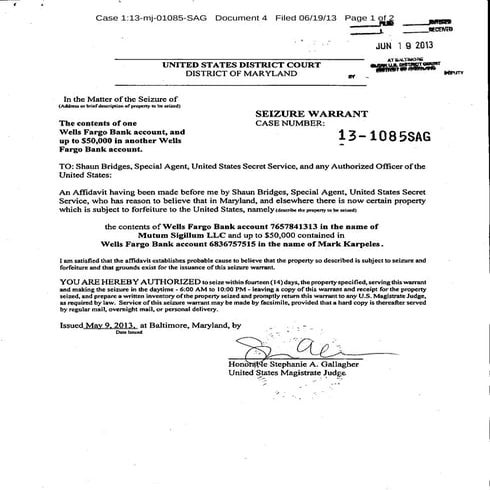 Mt Gox USDHS Wells Fargo account seizure warrant (executed) | PDF