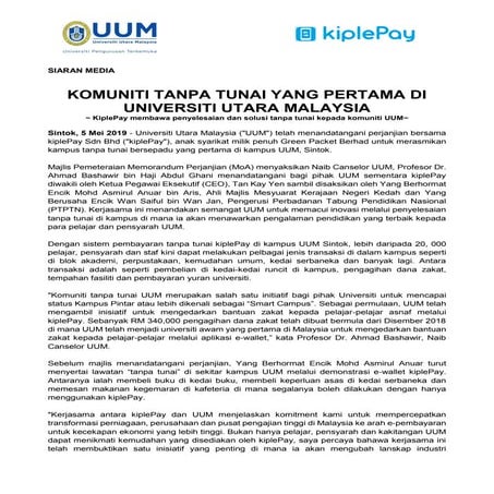kiplePay & UUM - Press Release (BM): Komuniti Tanpa Tunai Pertama Di UUM | PDF