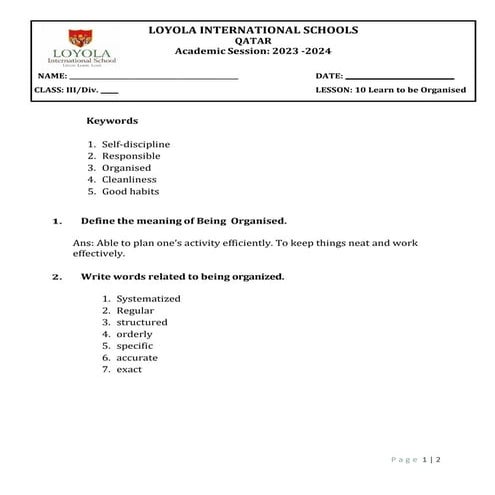GRADE-3 _ Learn to be Organized lesson 10 | PDF