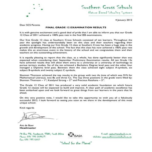 Grade 12 Results Letter Jan 2012 | PDF