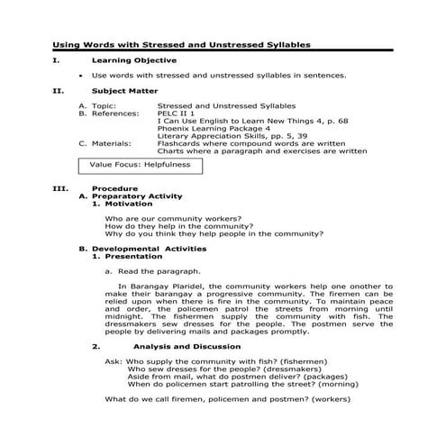 Stressed And Unstressed Syllable Worksheets Teach One Syllable Words