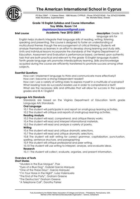 Grade 10 English Syllabus 2010 2011 grade-10-english-syllabus-2010-2011