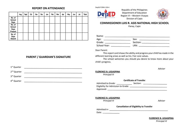 SF9 Card Grade I Sample Template 2025-2026 | DOCX