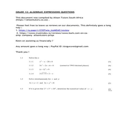 GRADE 12 ALGEBRAIC EXPRESSIONS QUESTIONS (AutoRecovered) (1).pdf