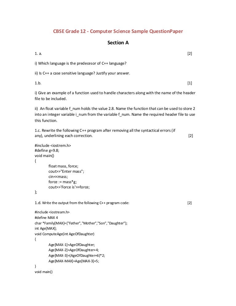 CBSE Grade12, Computer Science, Sample Question Paper