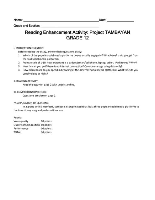 GRADE 11 READING ACTIVITY.docx | Drawing and Sketching | Arts and Crafts