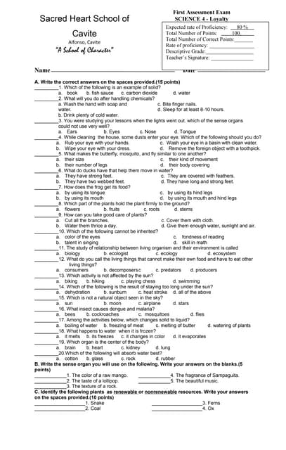 K-12 First Quarter test in science 4 | PDF