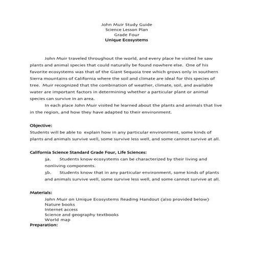 Ecosytems Grade Four Science Lesson Plan John Muir Study Guide | PDF ...