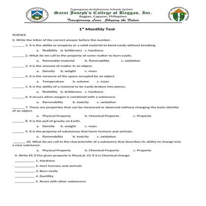 grade 5 1st motnhly examination Science 5docx | DOCX