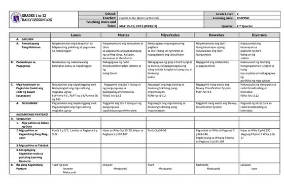 Lesson Plan for Grade 5 DLL FILIPINO 5 Q4 Week 3.docx